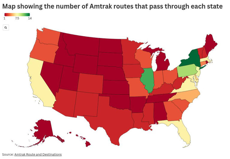 Map shows states with the most Amtrak services