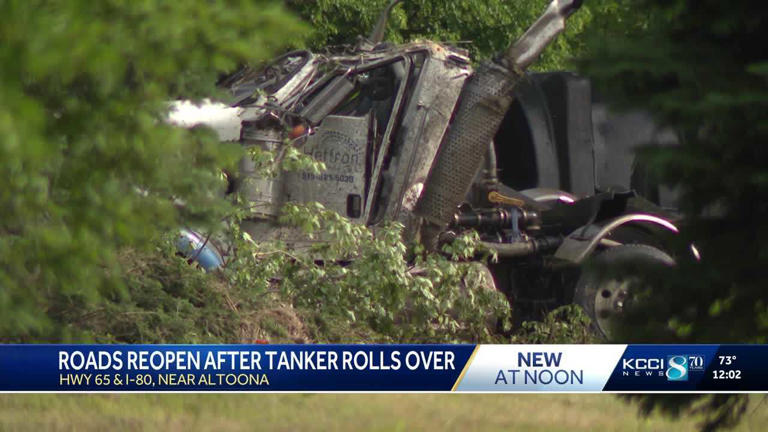 Hazmat team responds to scene of tanker rollover crash near Altoona; driver hurt