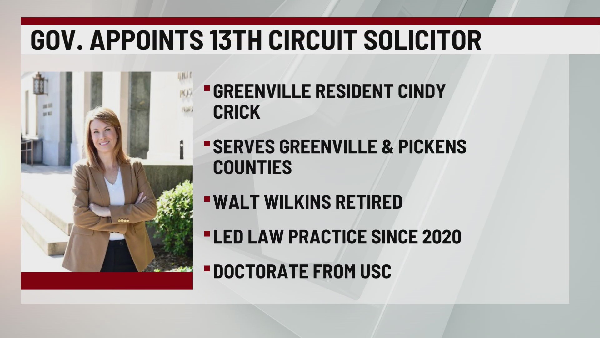 Governor appoints Cindy Crick to replace Walt Wilkins as 13th Circuit ...