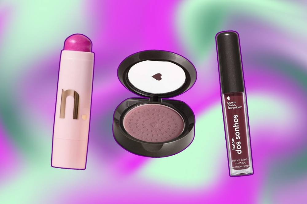 Produtos de maquiagem na cor roxa, tendência do inverno 2025