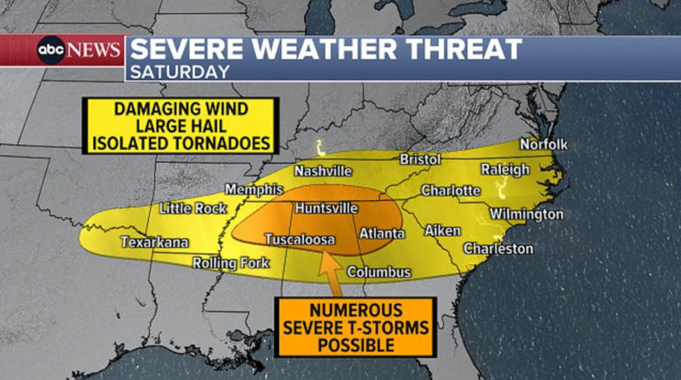 Severe storms threaten millions in South from Texas to Carolinas