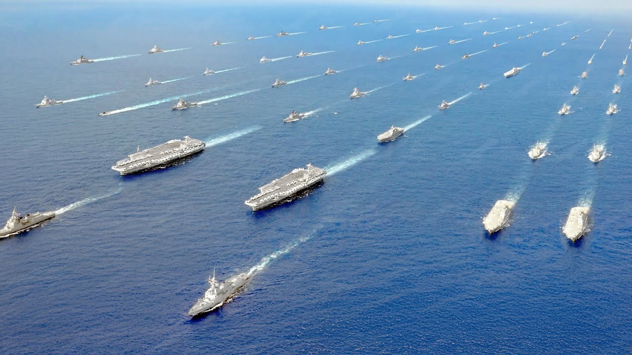 Massive US Aircraft Carriers Leading Strike Group During Patrol Mission