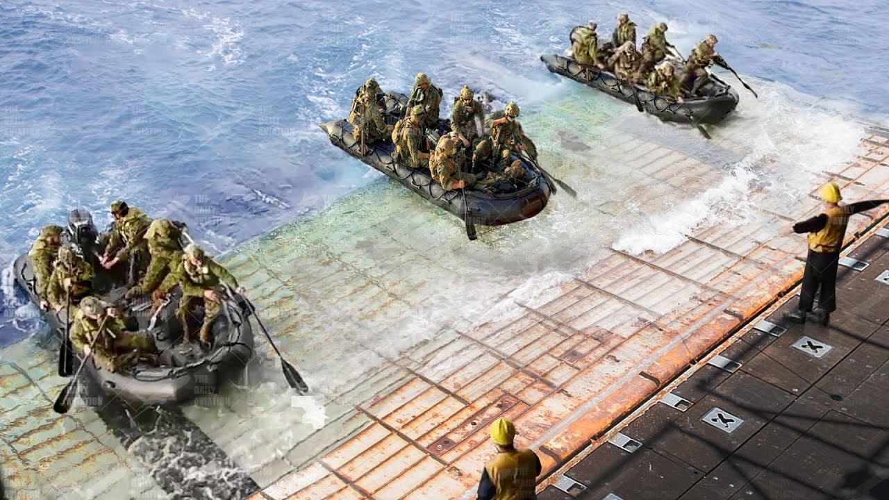 US Marines Jumping From Massive Ship Into Deep Water
