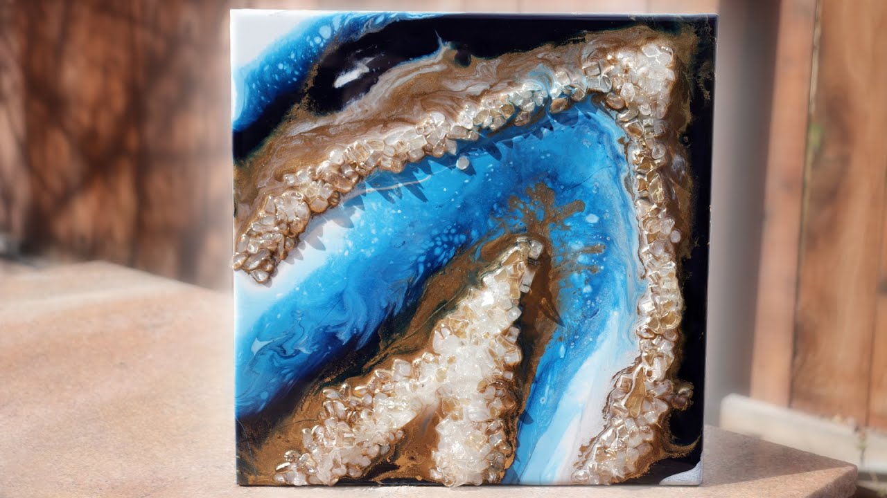 Beautiful Resin Geode on Wood – Ocean Blue and Gold