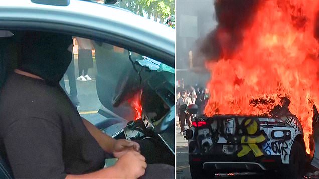 Moment LA protester sets Waymo self-driving car alight on third night ...