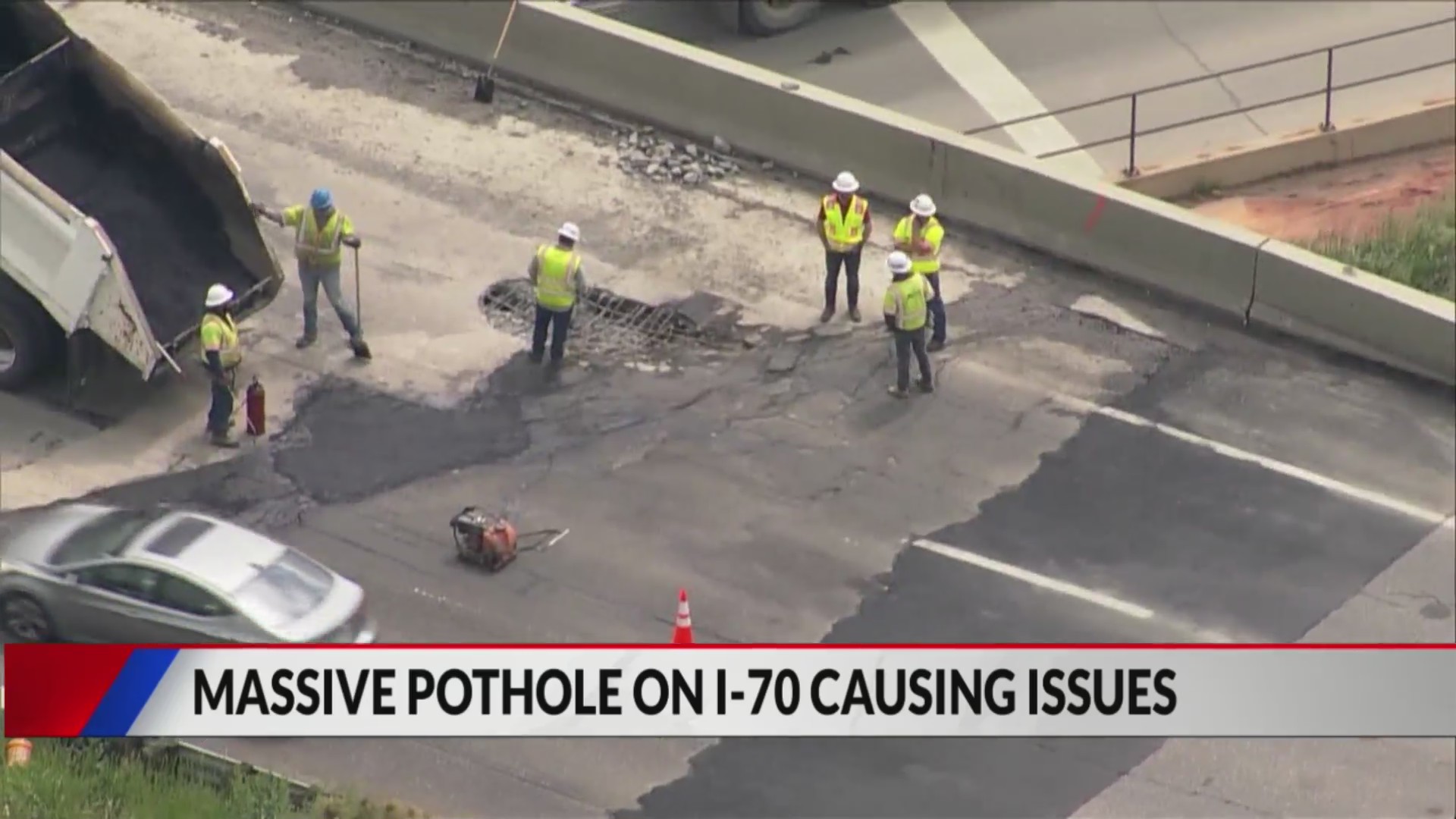 Massive pothole on I-70 causes issues
