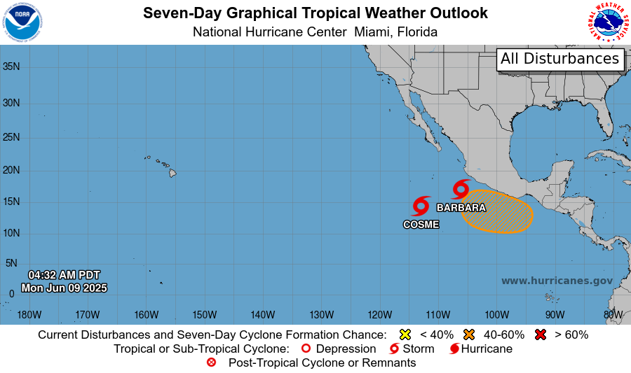 Storm tracker: NHC tracks Hurricane Barbara, Tropical Storm Cosme