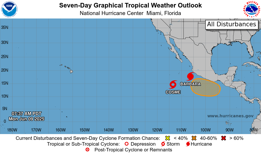 Barbara becomes first hurricane of East Pacific season. Cosme won't be ...