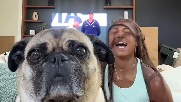 Gabby Thomas dances with her little dog celebrating Coco Gauff's French ...