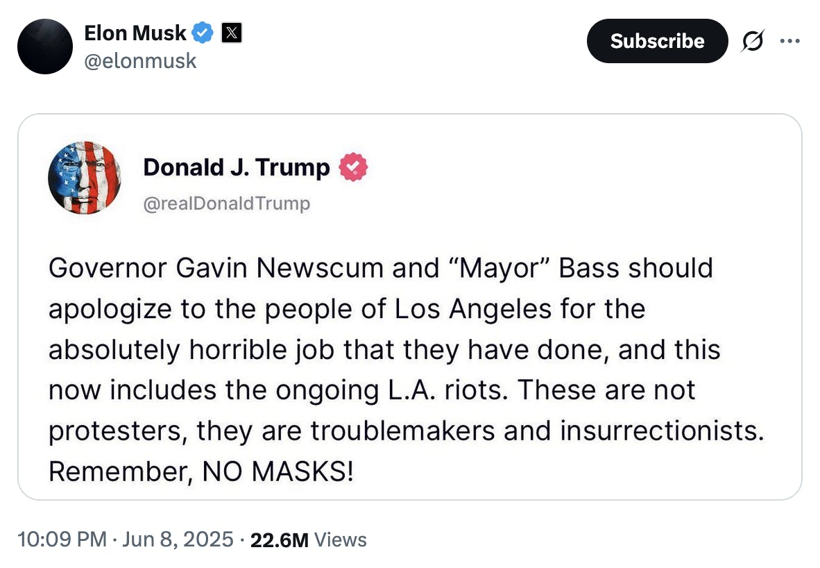 Musk Tries to Make Up With Trump After New Threat on L.A. Protests