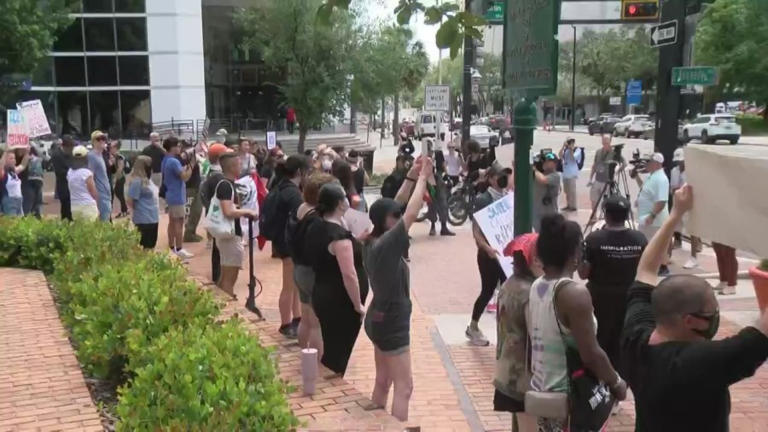 Crowd gathers at Tampa City Hall to protest ICE raids