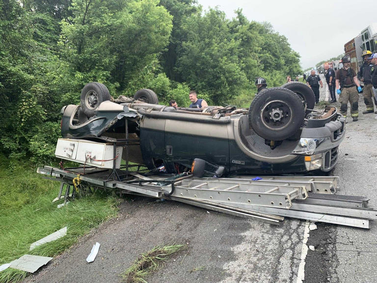 Pickup truck flips onto roof on Route 30