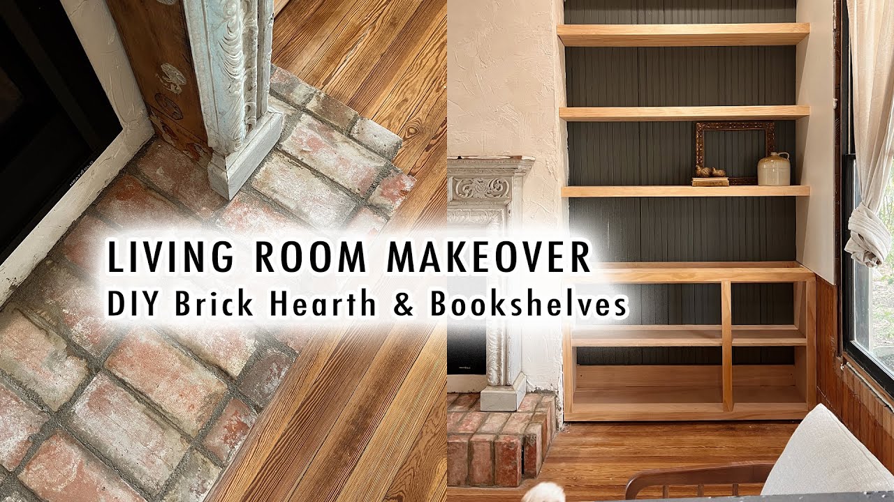 Living room makeover DIY brick hearth and shelves on a budget