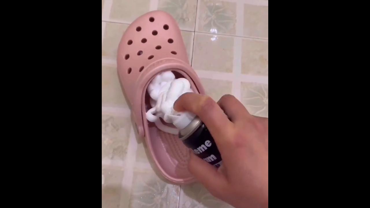 Putting Whipped Cream On A Pink Crocs Slipper And Wearing It