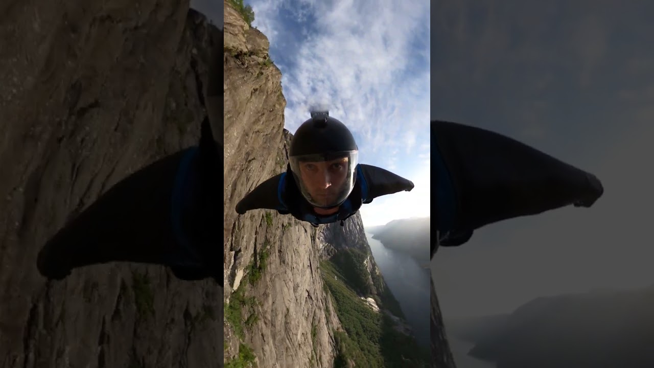 Beautiful golden hour wingsuit BASE jump
