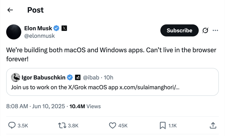 Elon Musk’s xAI hiring engineers to build Grok app for Windows and Mac ...
