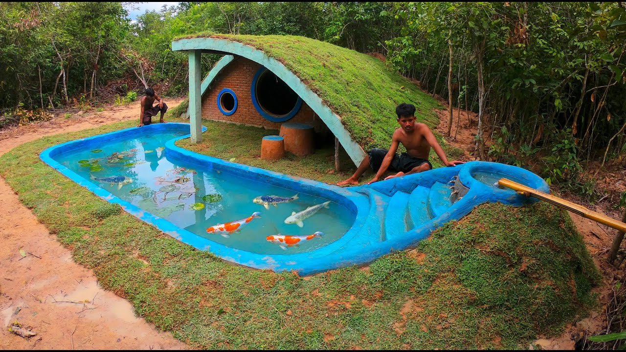 Two Cambodian Men Build Underground House with Waterfall and Fish Pond