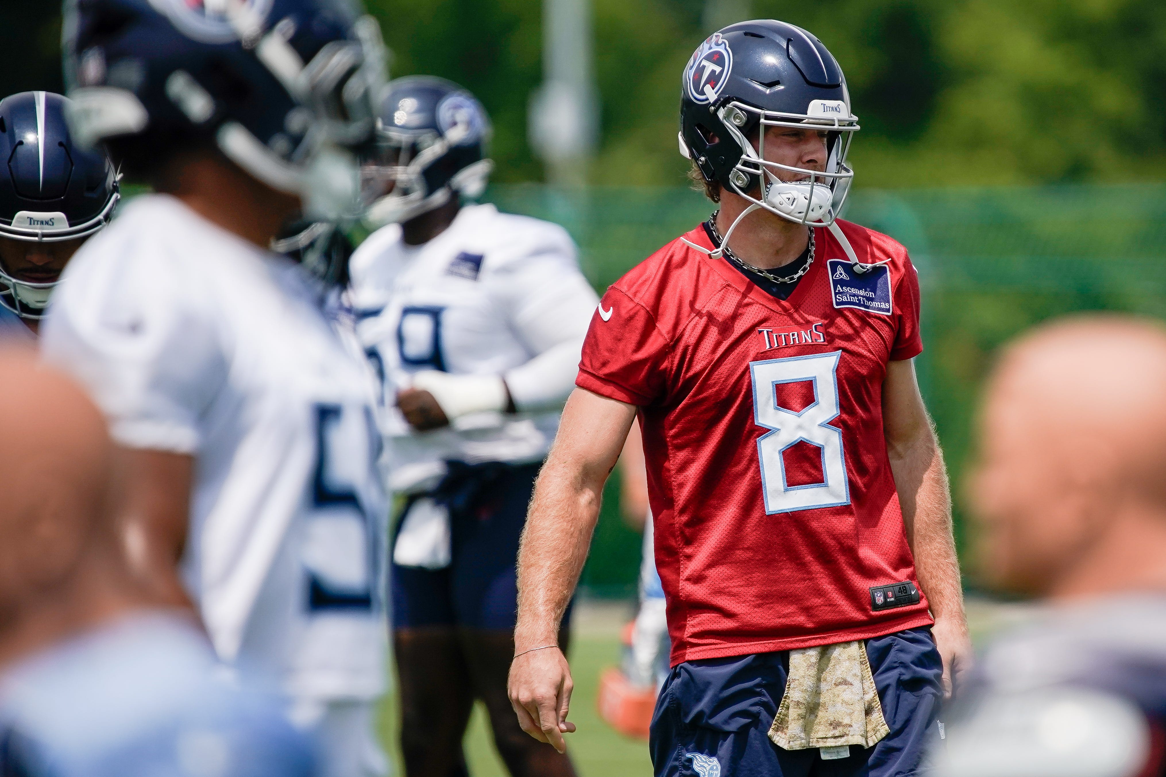 Will Levis at Tennessee Titans practice after missing 2025 season