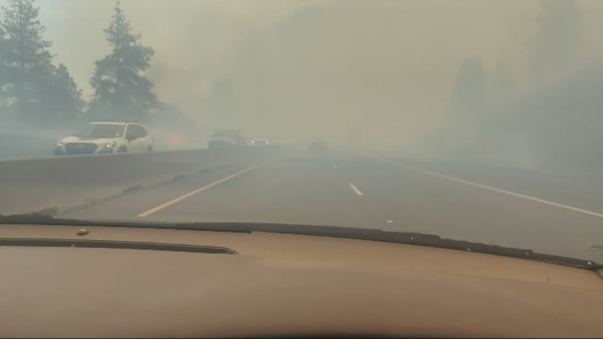 Videos show near-zero visibility on I-84 due to thick wildfire smoke