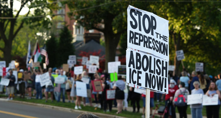 400 protesters gather in Akron's Highland Square for ICE Out rally ...