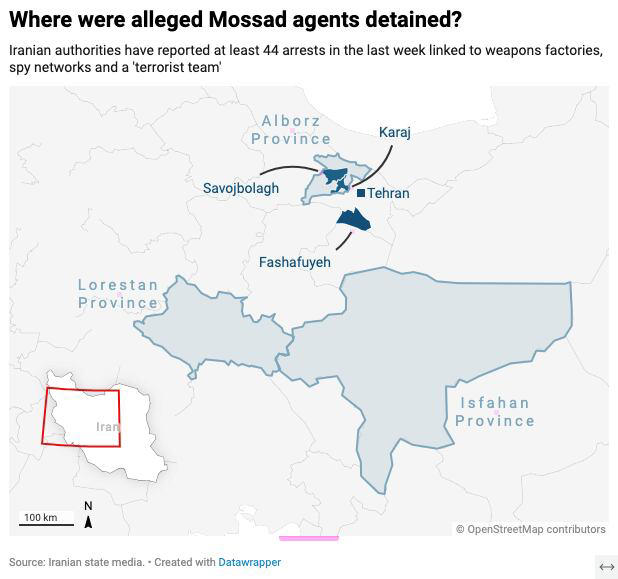 How many alleged Mossad agents has Iran arrested and where?