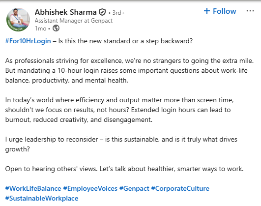 Genpact tells employees to do 10 hours shift daily, will track their ...