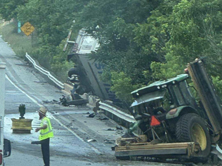 Tractor-trailer goes over guardrail, left hanging from Route 30 bypass