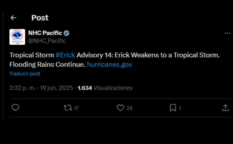 "Erick" se convierte en Sistema de baja presión; sigue aquí su trayectoria en vivo