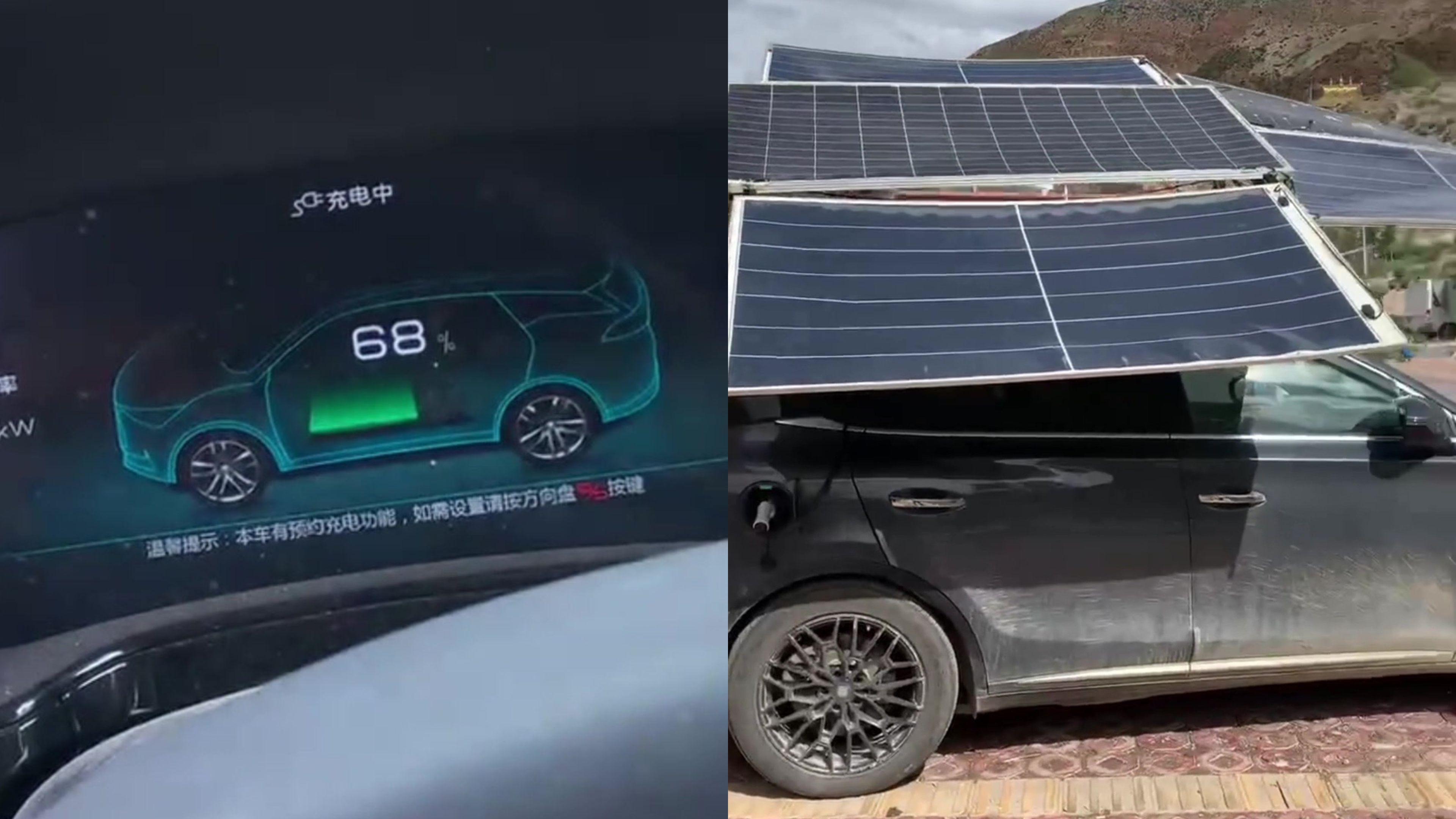 Man charges electric vehicle with roof-mounted solar panels