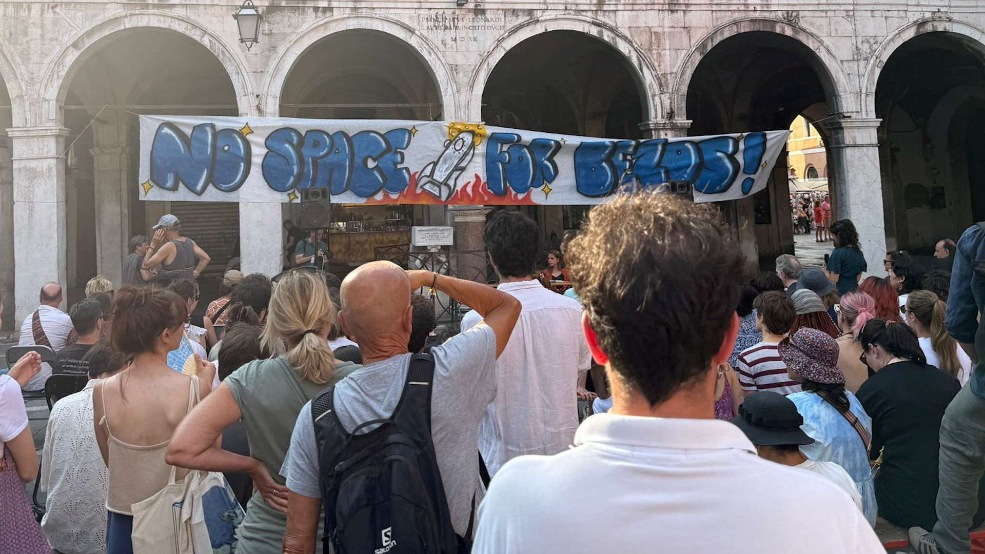 "No Space for Bezos" - Venice locals hang banners ahead of billionaire ...