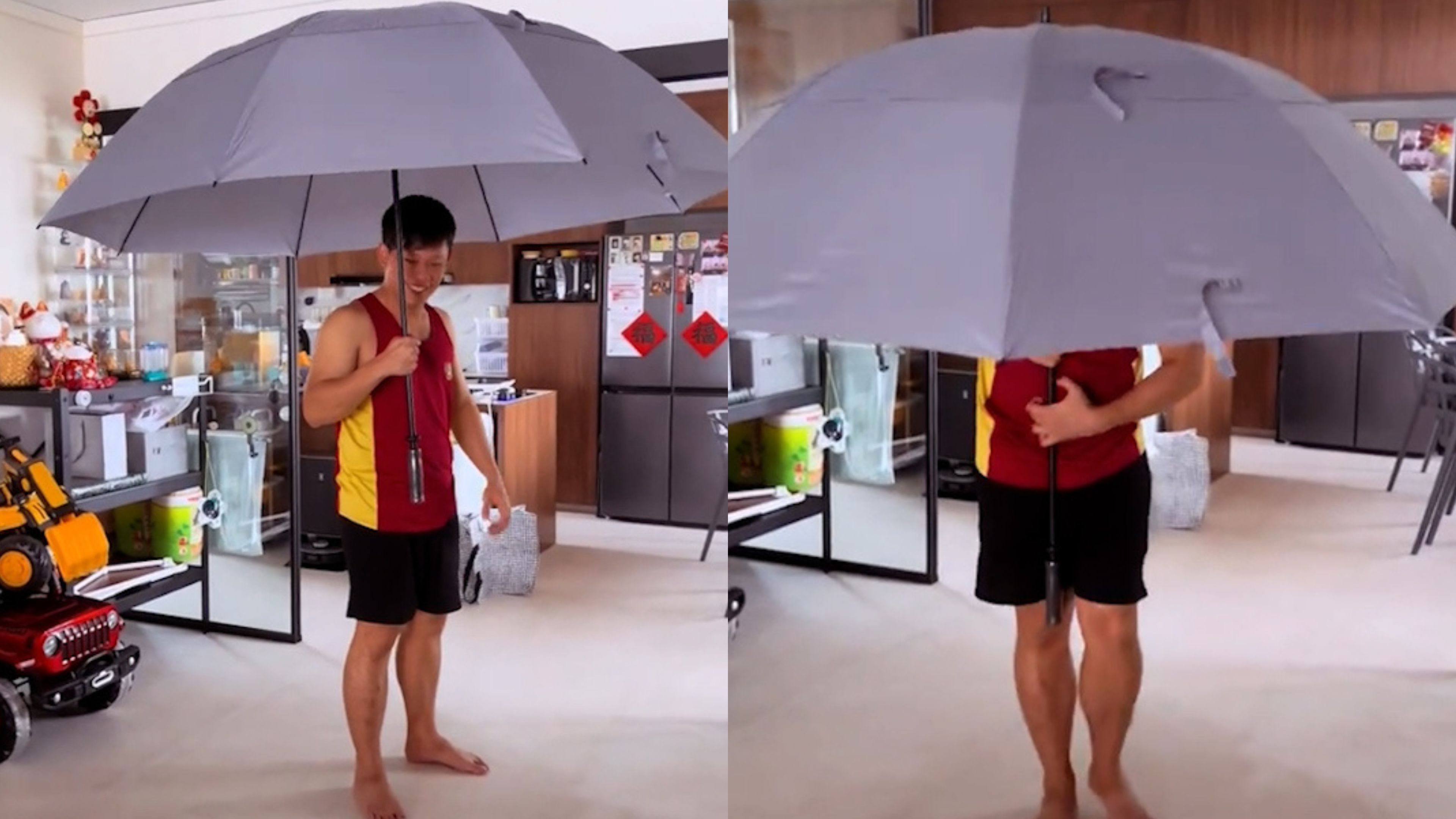 Ein riesiger Regenschirm erobert das Wohnzimmer eines Paares bei einem lustigen Online-Shopping ...