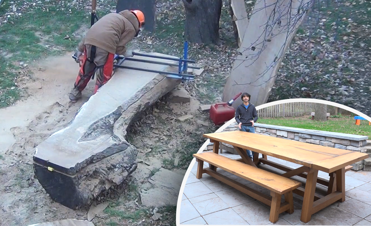 White Oak Farmhouse Table and Benches From Firewood Log