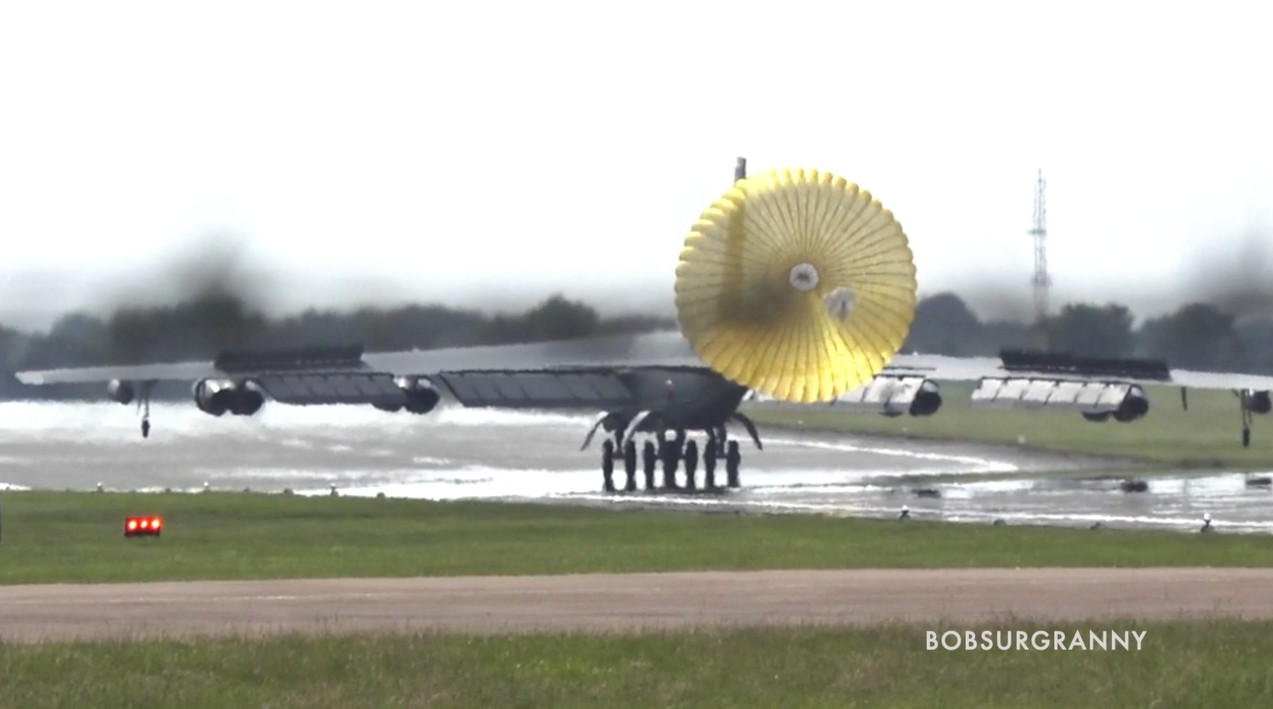 B-52 Bomber Crabbing Into Landing with Chute Deployment