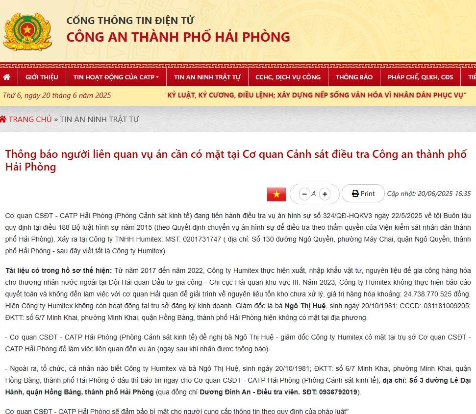 Công an Hải Phòng điều tra vụ buôn lậu xảy ra tại Công ty TNHH Humitex