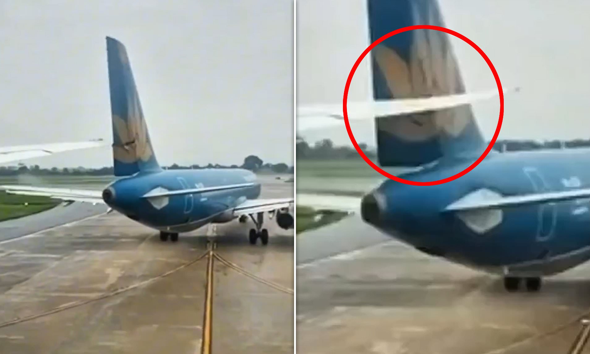 Boeing passenger plane SLICES tail of another jet on runway of major ...
