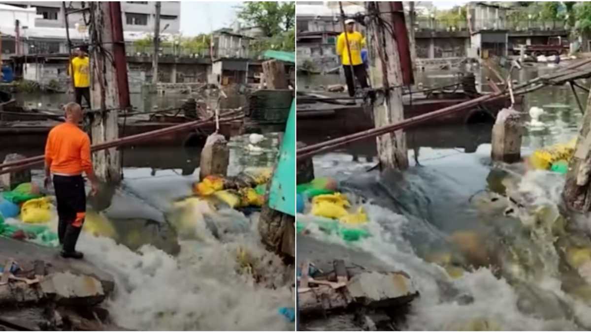 Sandbag wall controlling flood water in Navotas collapses