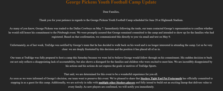 George Pickens backs out of hosting his own youth football camp