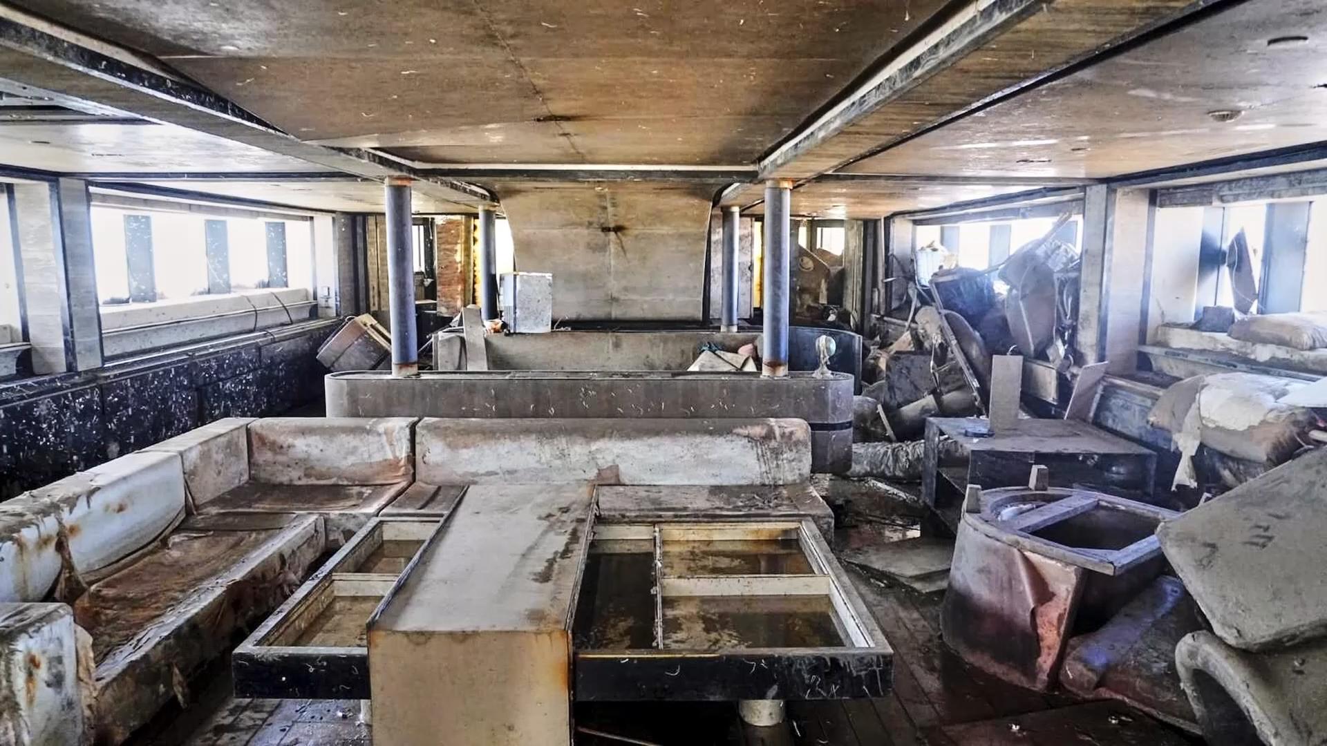 Interiors of sunken superyacht Bayesian after it was raised off Sicily