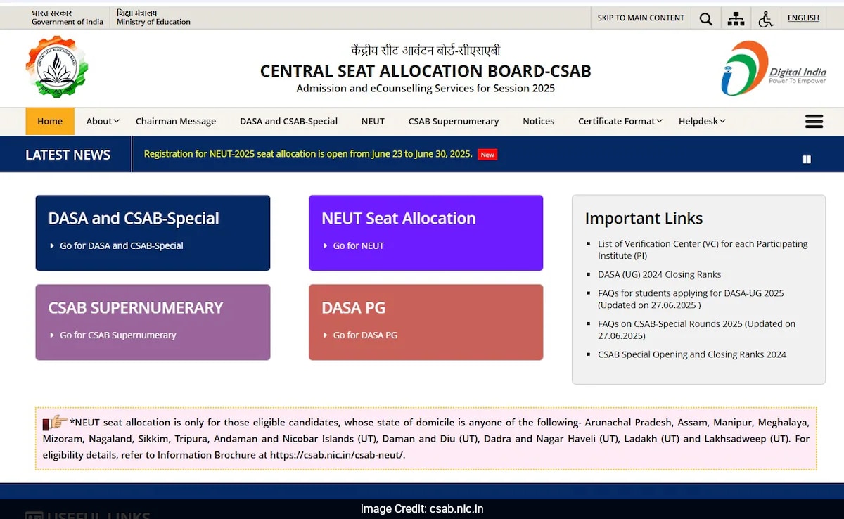 Central Seat Allocation Board 2025 Admission Process For NEUT To End On ...