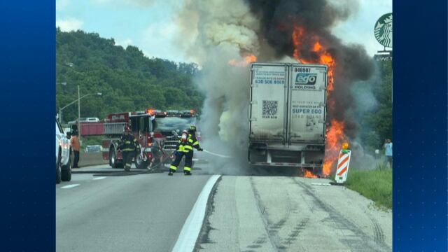 Flames rip through tractor-trailer on I-70