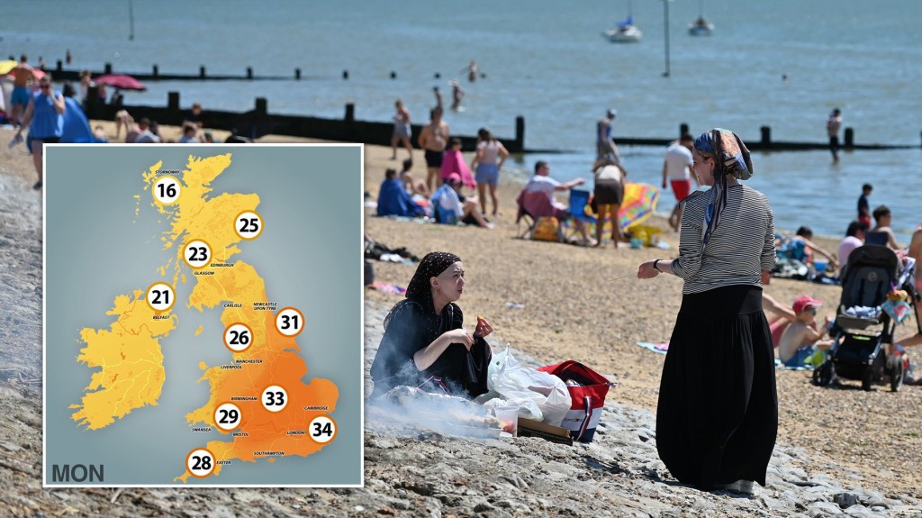 Map reveals where UK set to reach 34C in record temperatures this week