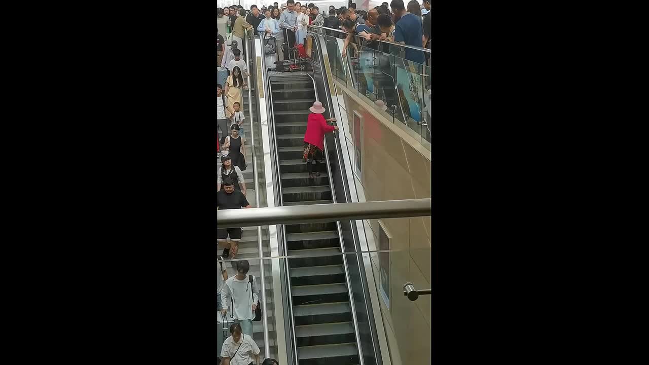 Stubborn woman determined to walk wrong way up escalator causes congestion