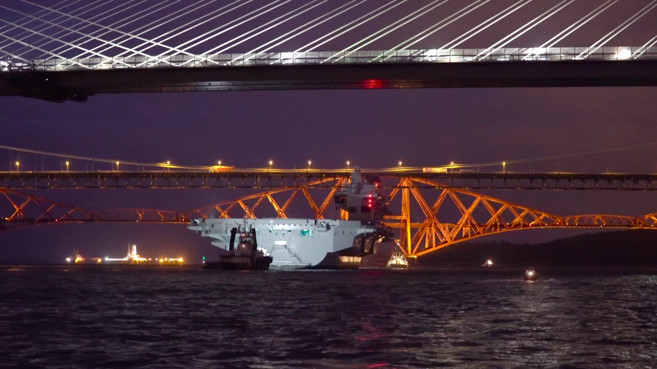 HMS Queen Elizabeth night Transit Under Forth Bridge