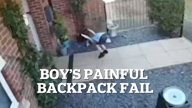 Five-year-old boy face-plants floor trying to take off backpack