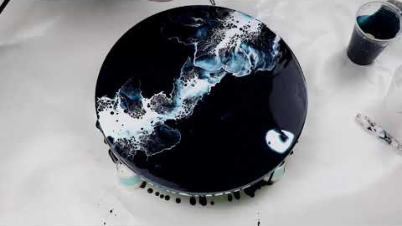 Midnight Blue Airbrushed Acrylic Pour, Fluid Abstract Art Technique