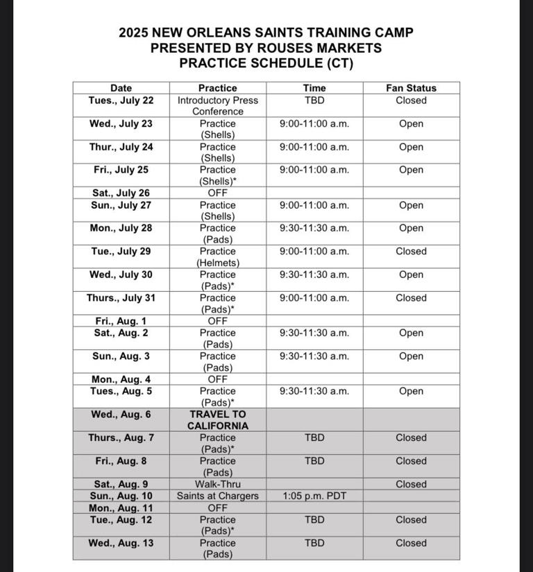 Saints training camp dates announced with 9 open practices for fans