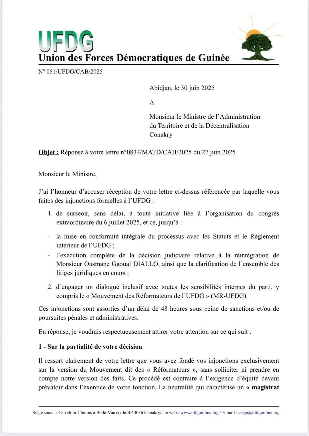 Guinée : l’UFDG répond au MATD sur la suspension de son congrès