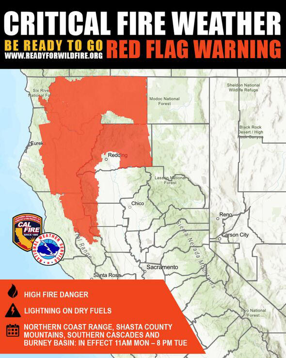 Map shows red flag fire warning area in California with residents ...