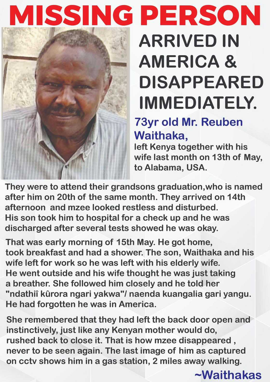 Reuben Waithaka: Granddaughter of missing Kiambu man in US clarifies ...