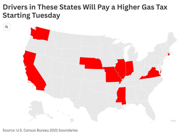Map shows states where drivers will pay higher gas tax